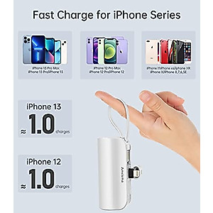 amelema Small Portable Charger for iPhone, 5000mAh Mini Power Bank with Built-in Cable/Metal Stand, Cute Battery Pack Compatible with iPhone 14/14 Plus/Pro Max/13/12/11/XS/XR/X/8/7/Airpods (White)