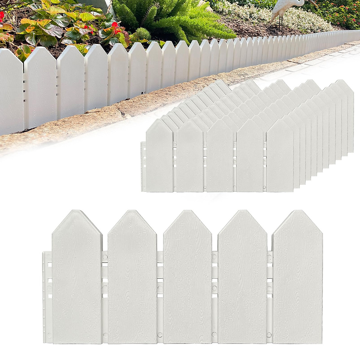 ARRYNTHEON Landscape Edging Kit 6.7 in Tall Decorative Double-Sided Wood-Look Fence Garden Border, Flower Bed Edging with 30 Anchoring Spikes, 13.9 Foot Kit (White)