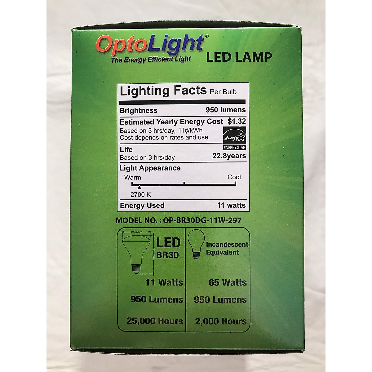 Pack of 2 OptoLight 11W 65W BR30 Dimmable Replacement