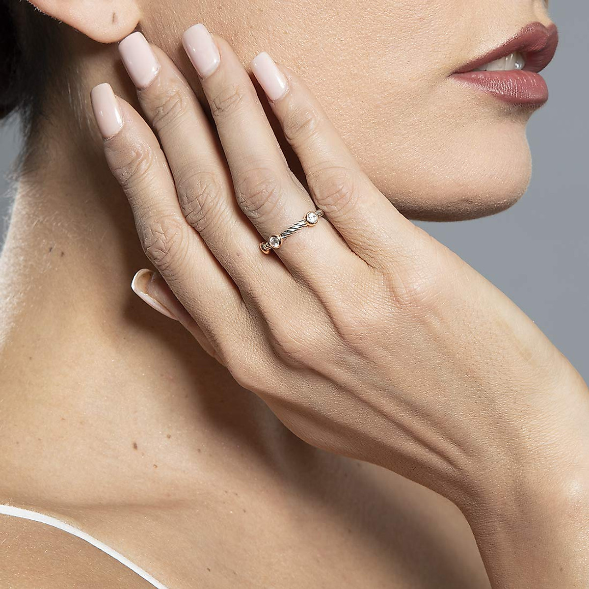 PEORA Cubic Zirconia 3-Stone Stackable Ring in Sterling Silver, Cable Rope Band for Women 2.1mm Sizes 9