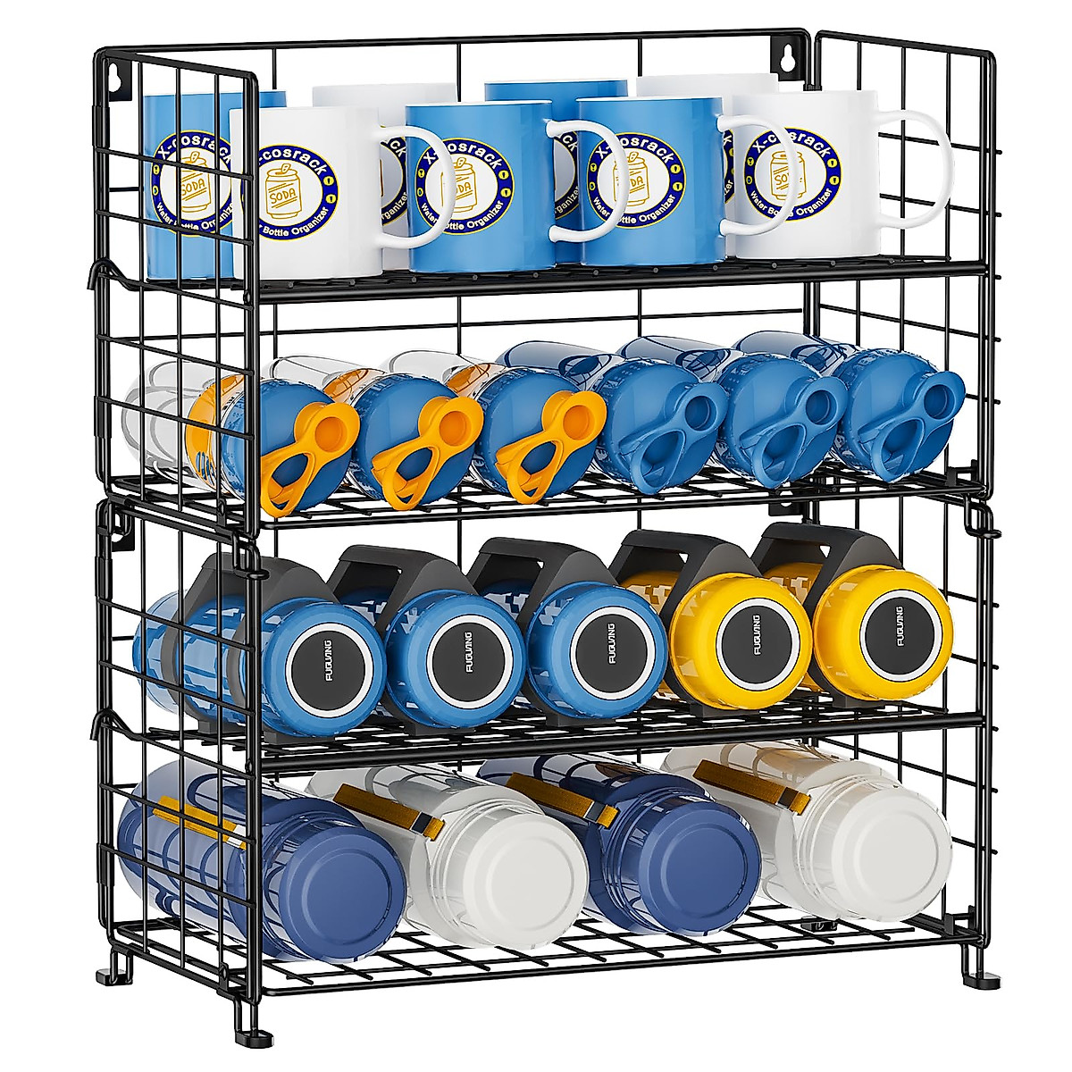 X-cosrack Adjustable Water Bottle Organizer,4-Tier Wall-Mounted Water Bottle Holder, Stackable Water Bottle Storage Rack for Kitchen Countertops,Pantry, Cabinet,Large(Patent No.:US D950,280 S)