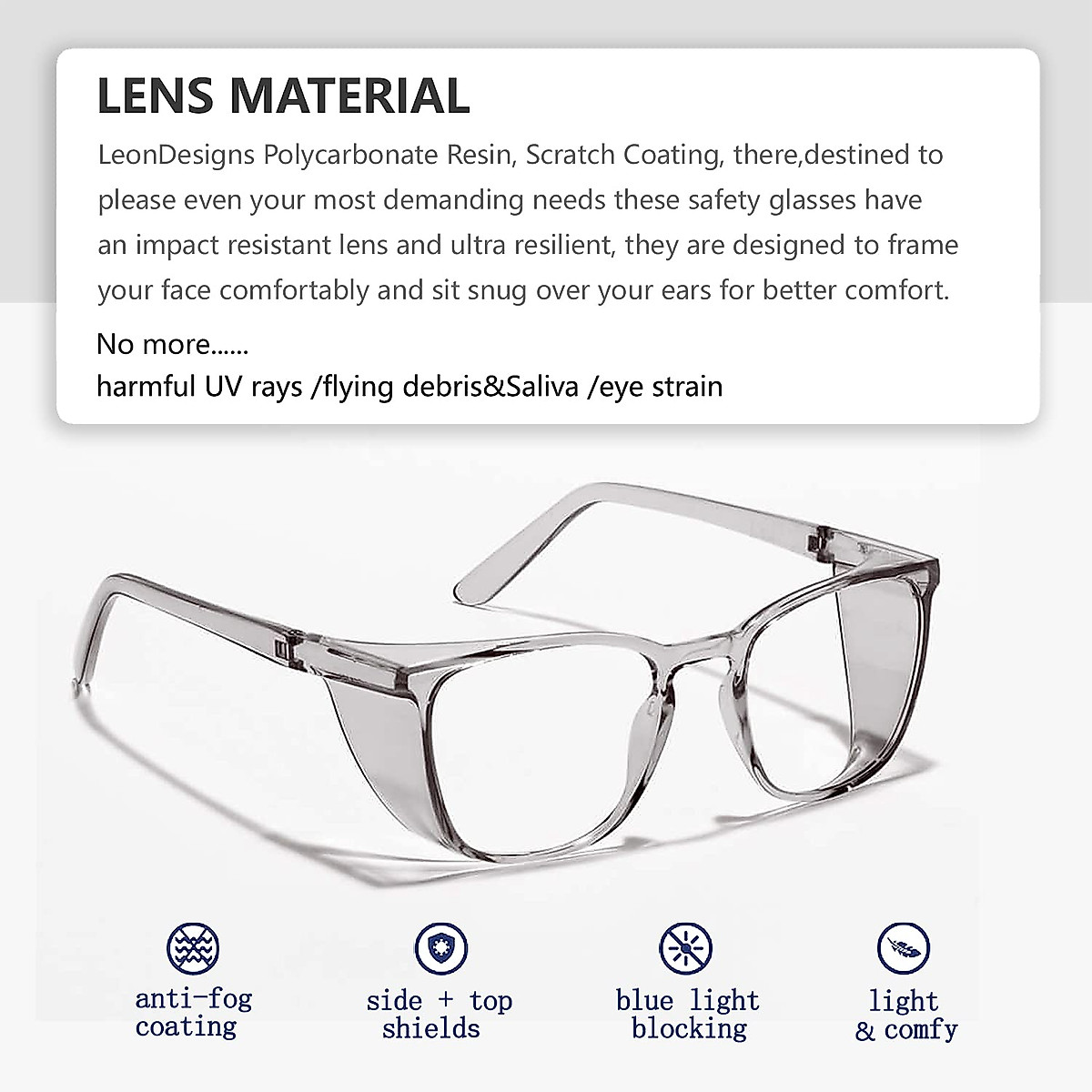 LeonDesigns Safety Glasses Anti-Fog Goggles Z87.1 Blue Light Blocking Anti-Dust UV Protection Glasses For Men Women (Square black1)