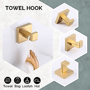 Bathroom Hardware Set 4-Piece, Angle Simple SUS304 Stainless Steel Bath Accessory Kit, Bathroom Fixture Set with Robe Hook, Toilet Paper Holder, Towel Holder and Towel Bar Brushed Gold