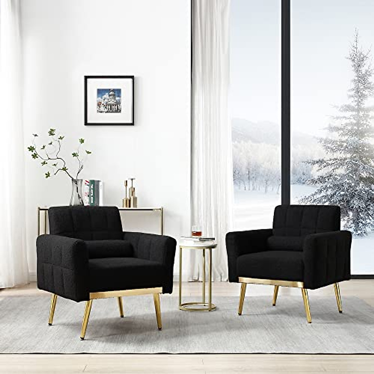 Tiophome Teddy Accent Modern Side Gold Legs & Waist Pillow, Single Sofa Couch Armchair Reading Chairs for Living Waiting Room Bedroom Black