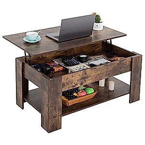 FDW Lift Top Coffee Table with Hidden Compartment and Storage Shelf Wooden Lift Tabletop for Home Living Room Reception Room Office (Brown)