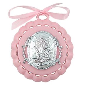Moulded Acrylic Pink Crib Medal with Guardian Angel for Baby Girl Nursery Decor, 3 1/2 Inch