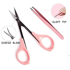 4" Curved Craft Scissors Stainless Steel Unisex Eyebrow Kit Eyebrow Scissors, Slant Tweezers And Eyebrow Brush for Eyebrow Eyelash Extensions (Pink Set)