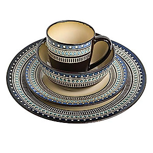 Gibson Elite Round Embossed Reactive Glaze Stoneware Dinnerware Set, Service for 4 (16pcs), Blue/Brown