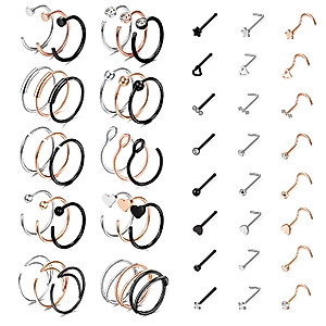 Drperfect 20G Nose Rings for Women Men Nose Piercing Jewelry Stainless Steel Nose Hoop L Shaped Screw Bone Nose Stud Silver Rose Gold Black Nose Ring Set