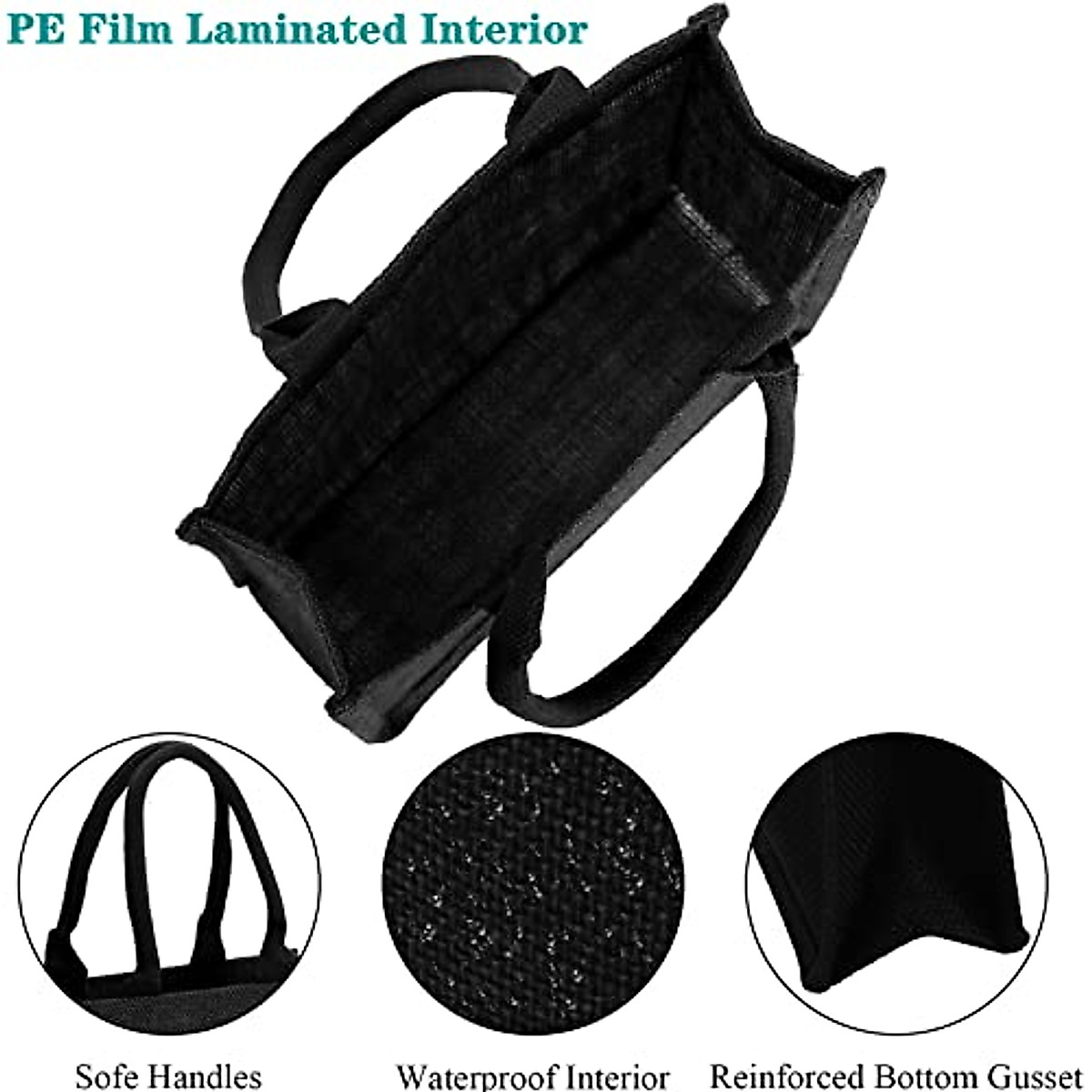 DEAYOU 8 Pack Jute Burlap Tote Bag, Burlap Gift Bag with Handle, Jute Beach Tote Laminated Interior, Reusable Lined Grocery Shopping Bag for Bridesmaid, DIY, Wedding,9.8''x11.8''x3.9'', Black