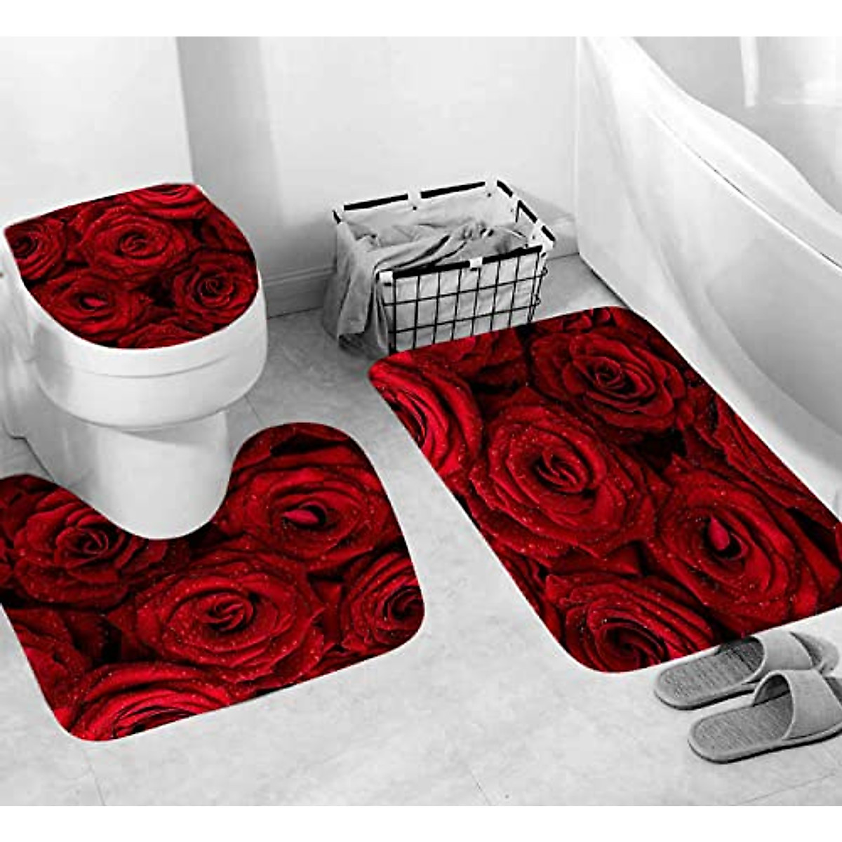 4pcs Red Roses Bathroom Sets with Shower Curtains and Rugs for Women Romantic Red Roses Shower Curtains with Nonslip Rugs and Soft Bath Mat Toilet Seat Cover for Valentines’ Day Gifts