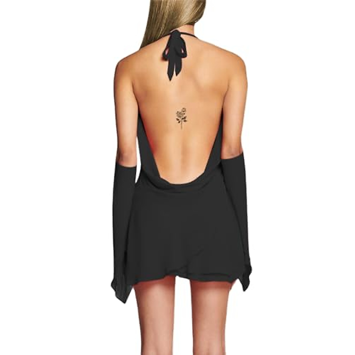 Hilinker Womens Sexy Deep V Neck Bodycon Dress Long Bell Sleeve Sheer Mini Party Dresses Black Medium