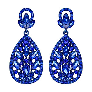 EleQueen Women's Wedding Bridal Austrian Crystal Bohemia Teardrop Chandelier Dangle Earrings Royal Blue Color Blue-Tone