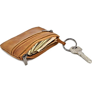 Women Genuine Leather Coin Pouch Zip Mini Purse Wallet Key Chain Double Zipper
