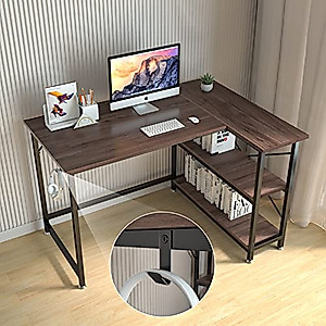 SunyesYo L Shaped Computer Desk 47 in - Small Office Home Gaming Desk with Storage Shelves - Study Writing Corner Table, Reversible Sturdy Workstation, Work PC Desk, Brown
