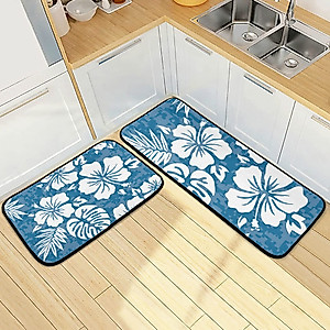 J JOYSAY Aloha Hawaiian Floral Kitchen Rugs and Mat 2 Pieces Set Cushioned Anti Fatigue Kitchen Mat Non Slip Floor Rug Washable Farmhouse Decor for Kitchen Floor Home Office Laundry