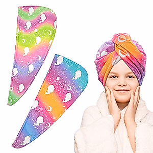 2 Pack Hair Towel Wraps for Kids Girls, Microfiber Hair Towel Mermaid Rapid Drying Towel with Button for Hair Turbans for Wet Hair Head Towels Wrap Twisty Anti Frizz Towel for Kids Women Girls