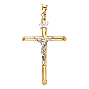 14k Two Tone Gold Religious Crucifix Cross Charm Pendant - 58 X 28 MM Real Gold Jesus Cross Necklace Pendant - Best Gift for Men and Women