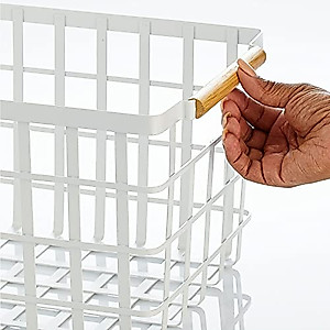 mDesign Metal Wire Closet Storage Basket Bin Organizer with Wood Handles for Bedroom, Bathroom, Mudroom, Entryway, Hallway, or Linen Closet Organization - Yami Collection - 4 Pack, Matte White/Natural