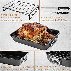 Moss & Stone Carbon Steel Roaster Pan With “V” Shape Removable Roasting Rack Set, 16.5 Inch Rectangular Nonstick Roasting Pan, Turkey Roaster Pan Rack With Carving Fork & Chef Knife