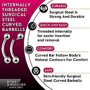 bodyjewellery 2pcs 16g Internal Thread Curved Barbell Cartilage Lip Tragus Eyebrow Helix Conch Stud Surgical Steel Labret Stud - 8mm