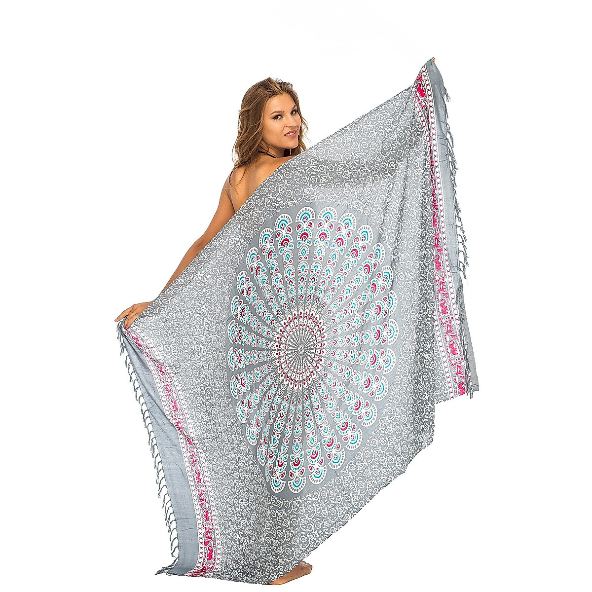 Back From Bali Womens Beach Swimsuit Bikini Cover Up Wrap and Clip Sarong Peacock Gaza Grey