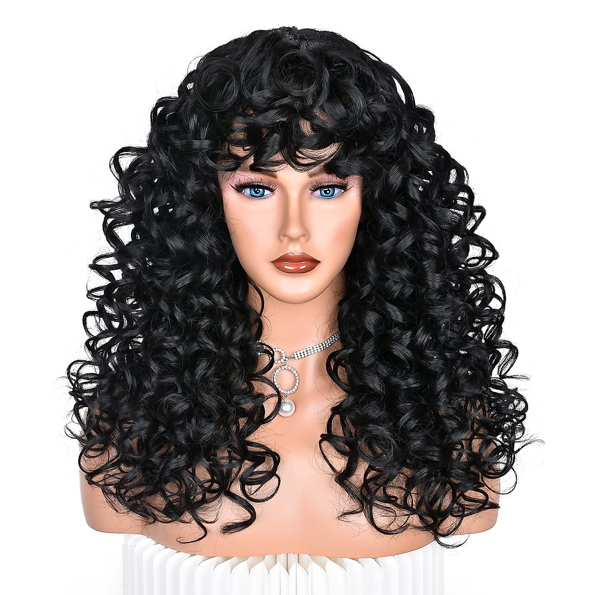ANNIVIA-X Curly Wigs for Women Black Long Curly Afro Wig with Bangs Big Loose Cute Kinky Curly Hair Synthetic Wig for Daily Use Party Hallowmas Cosplay （Black 17 inch）
