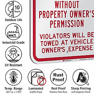 SmartSign 18 x 12 inch “No Parking Without Owner's Permission - Violators Will Be Towed” Metal Sign, 63 mil Aluminum, 3M Laminated Engineer Grade Reflective Material, Red and White