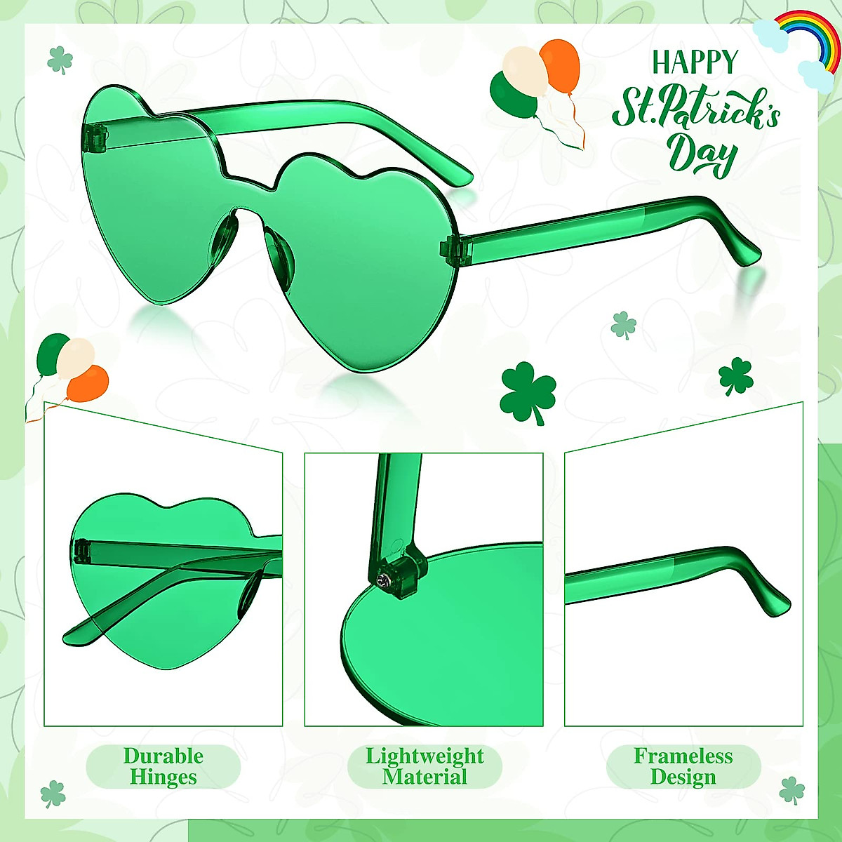 12 Pcs St. Patrick's Day Costume Set Green Headband Tinsel Wrapped Ponytails Headbands Rimless Transparent Heart Glasses Heart Shape Sunglasses for Girls Kids Women Men
