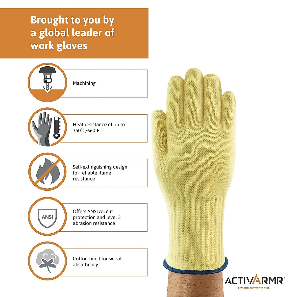 Ansell ActivArmr Heat-Resistant 43-113 Industrial Kevlar Work Gloves w/Silica Fiber Core for Machinery, Equipment - Size 10, Yellow (36 Pairs)