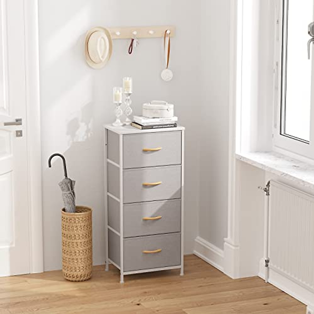 BANTI Dresser for Bedroom with 4 Drawers, Storage Tower, Organizer Unit, Fabric Dresser for Hallway, Entryway, Closets, Sturdy Steel Frame, Wood Top, Easy Pull Handle, Light Grey