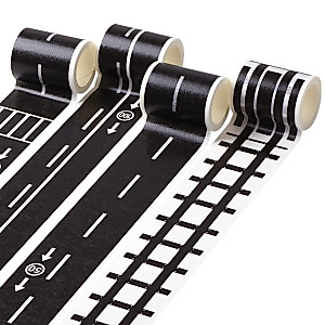 TOYANDONA 4 Rolls Black Tape, Car Road Tape Track Toy DIY Traffic Washi Tape and Traffic Sign Stickers Kids Race Cars Decorations Party Favor