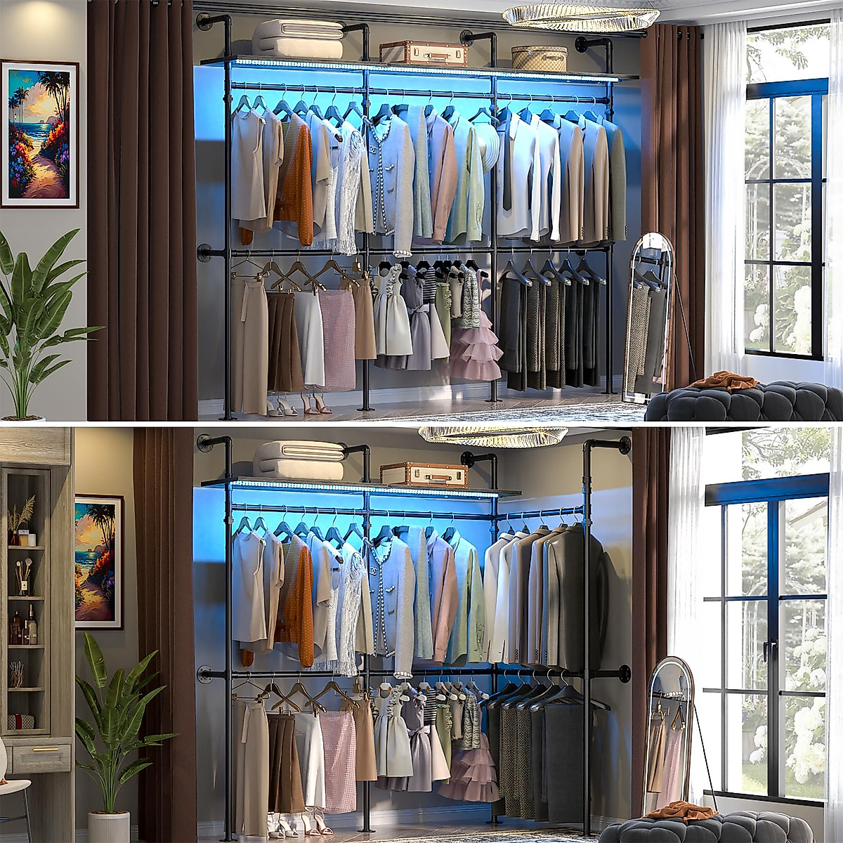 Aheaplus Industrial Pipe Clothing Rack, Reversible 118.3'' Clothes Rack for Hanging Clothes, Heavy Duty Garment Rack Closet Wardrobe Rack with LED Lights& Shelves, Walk-in Closet System, Black Oak