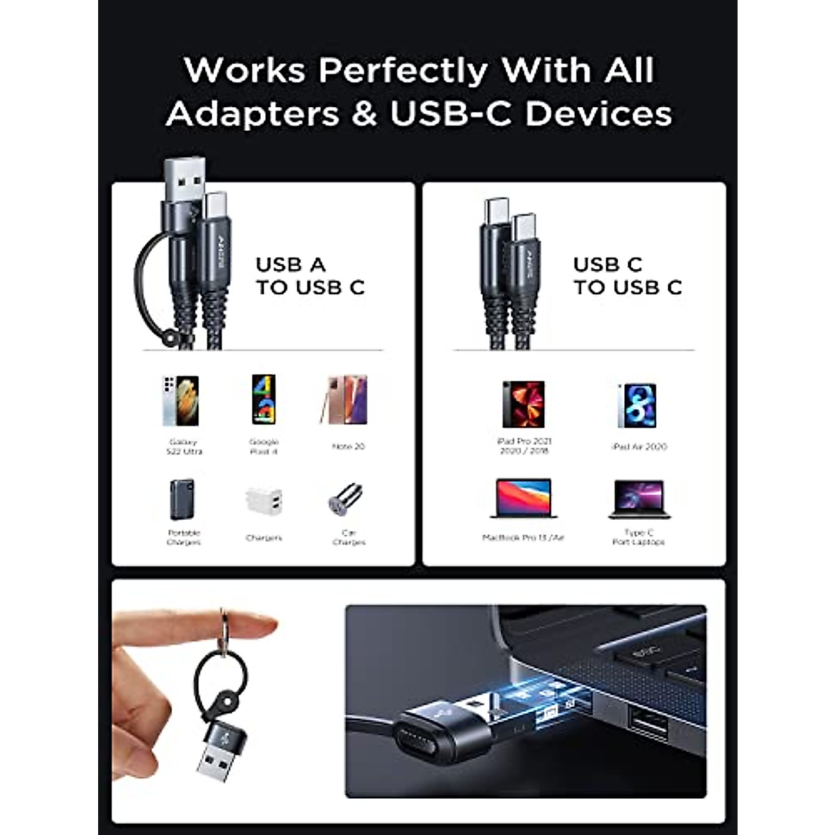 AINOPE USB C to USB C Cable [60W, 6FT] C to C Type Fast Charging Cable with Removable USB C to USB Adapter, Fast Charge USB C Cable for iPad Pro Air Galaxy