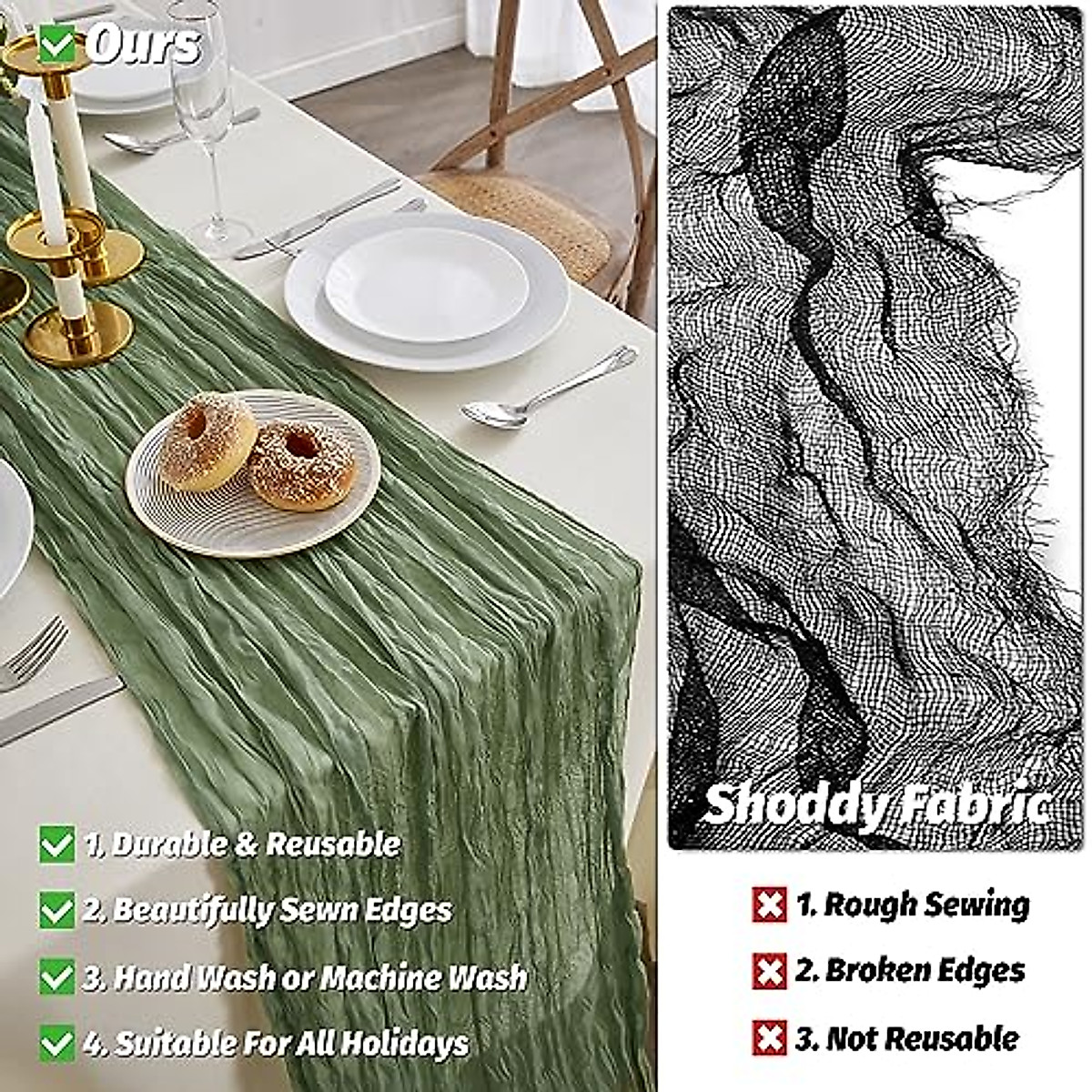 Nialnant Cheese Cloth Table Runner, 35 x 160 Inch Sage Green Boho Table Runner, Holiday Table Runner for Special Banquets Party, Wedding Reception Bridal Showers Decorations