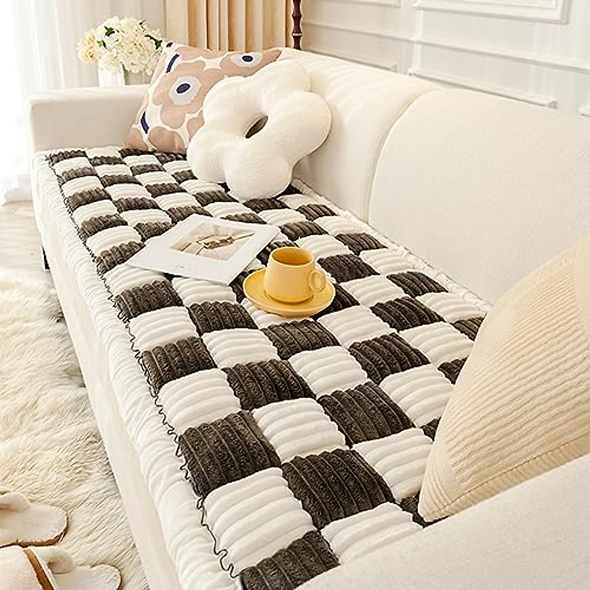 HOMEREFROM Cream-Coloured Large Plaid Square Pet Mat Bed Couch Cover, Fuzzy Couch Cover for Sofa, Dog Blankets for Large Dogs, Dog Bed Cover Pet Blanket (27.55 * 82.67, Black)