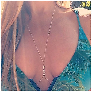 Yheakne Crystal Slave Chain Body Necklace Silver Bikini Bra Chain Necklace Long Cz Harness Bra Necklace Summer Beach Body Chain Jewelry for Women and Girls (Silver)