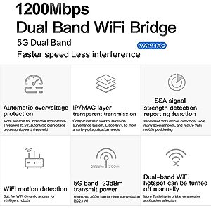 VONETS AC1200Mbps Dual Band 2.4GHz+5Ghz Mini Wireless Bridge Repeater Wi-Fi Signal Booster AP Modes 1 RJ45 Male(100Mbps) WiFi Hotspot Extender Amplifier Wireless to Ethernet for DVR Robots Monitoring