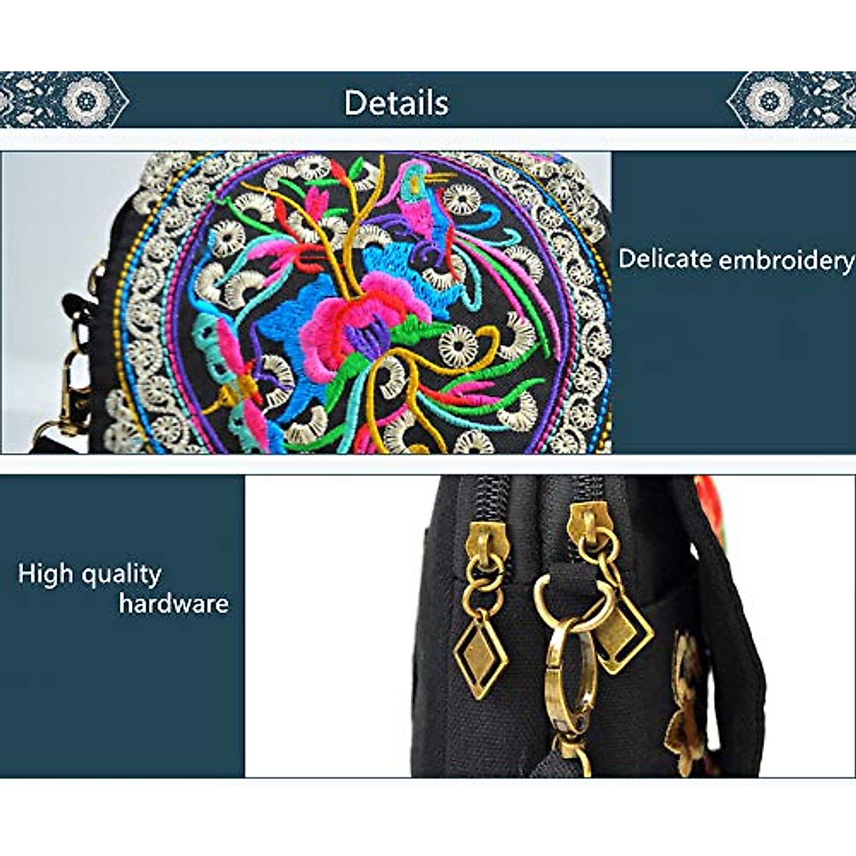 BigBigMe Women Ethnic Embroidered Handmade Mini Canvas Crossbody Shoulder Boho Travel Handbag Cell Phone Purse Wallet, Multicolor, 5.9 * 1.9 * 7.0 inch