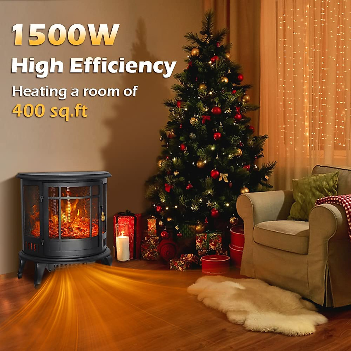 LifePlus Electric Fireplace, 25 Inch Fireplace Heater with Thermostat, Freestanding Fireplace Stove with Real & Adjustable Flame, Overheating Protection, 1500W Space Heater for Home Indoor Use