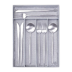 Flatware Organizers 5 Compartments, Metal Mesh Kitchen Utensil Drawer Cutlery Tray with 4 Foam Feet, Silver