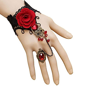 maikun Black Lace Choker Necklace Halloween Costume Jewelry Set with Bracelet Earrings, Punk Party Gothic Lolita Red Flower Rose Beads Vintage Retro choker Wristband for Women