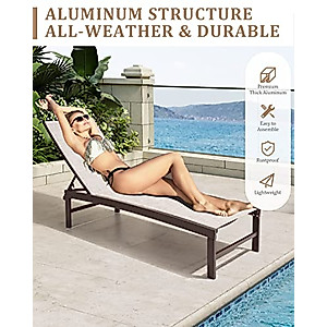 Patio Aluminum Chaise Lounge Chair, VredHom 2PCS Outdoor Recliner Lounge Chair with Waterproof Chaise Covers, Sun Loungers with 5 Adjustable Backrest and Lay Flat Positions for Garden, Balcony, Pool