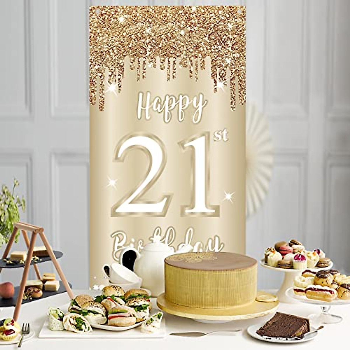 Happy 21st Birthday Door Banner Decorations for Her, Gold White 21 Birthday Door Cover Sign Party Supplies, 21 Year Old Birthday Photo Booth Background Decor for Women