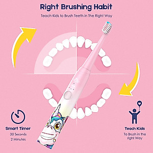DADA-TECH Kids Electric Toothbrush Rechargeable Pink Age 3+ (Unicorn and Dog)