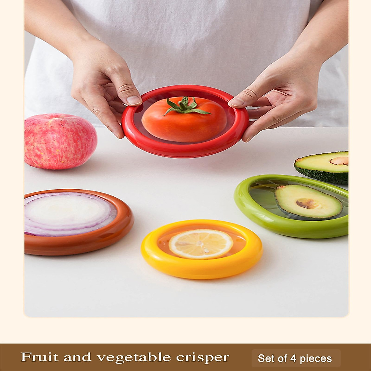 KAZETEC Set of 4 Reusable Silicone Fruit and Vegetable Storage Containers for Fridge - Keep Your Avocado, Onion, and Fruit Fresh and Organized in the Kitchen