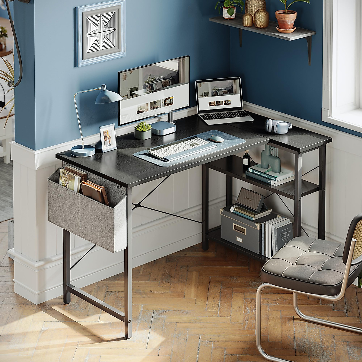 BANTI L Shaped Small Computer Desk with Storage Shelves, 40" Home Office Small Corner Desk Study Writing Table, Black