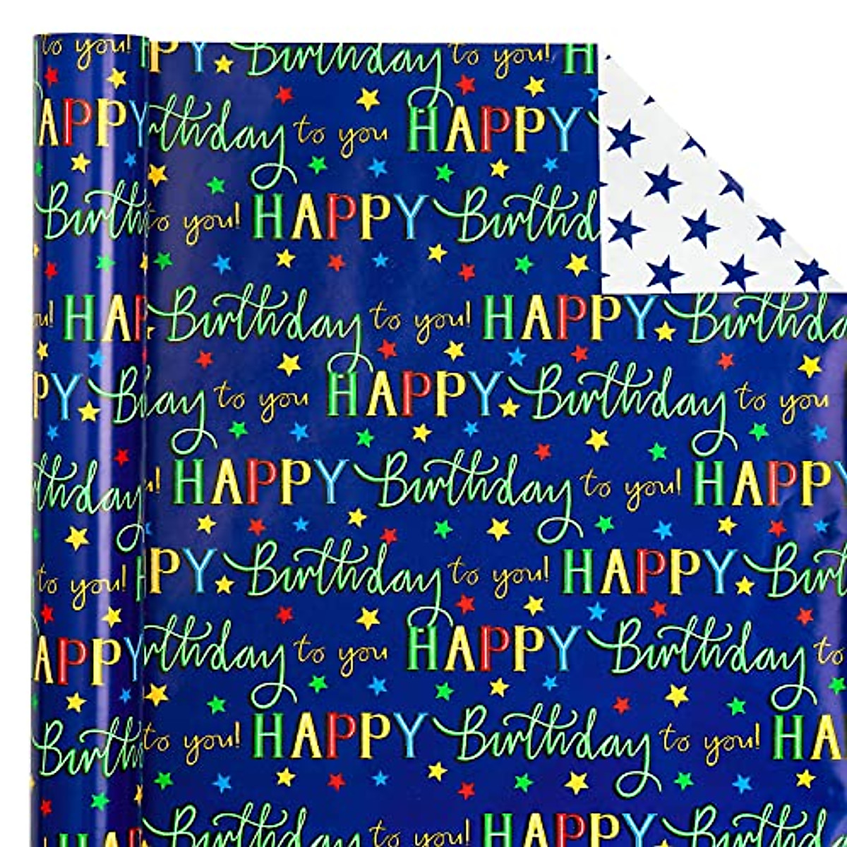 WRAPAHOLIC Reversible Birthday Wrapping Paper - Mini Roll - 17 Inch X 33 Feet - Colorful Happy Birthday Lettering and Stars Design for Party, Baby Shower, Holiday