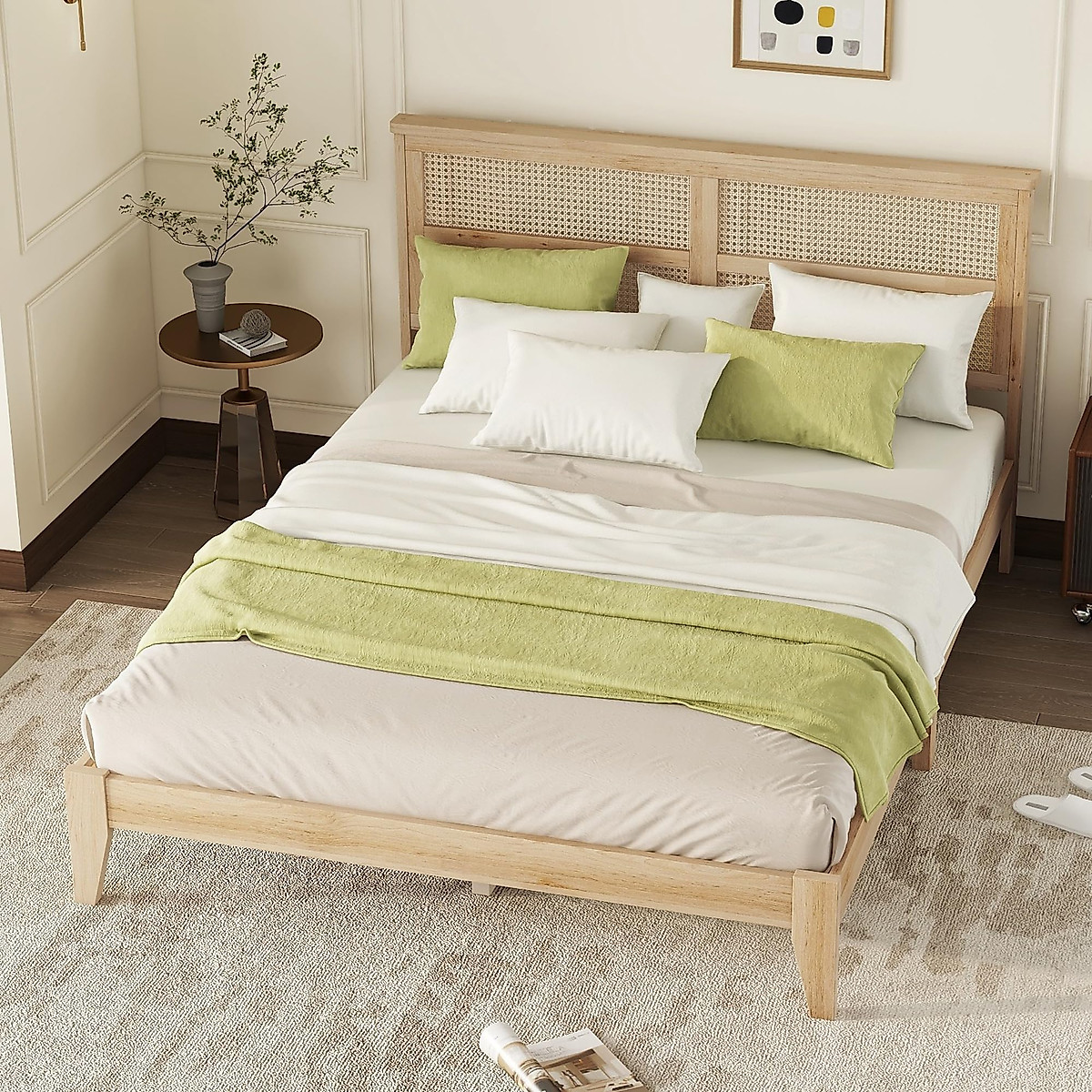Queen Size Platform Bed with Rattan Headboard, Wood Platform Bed Frame with Support Legs, Queen Rattan Bed Frame for Bedroom, No Box Spring Needed, Easy Assembly, Natural