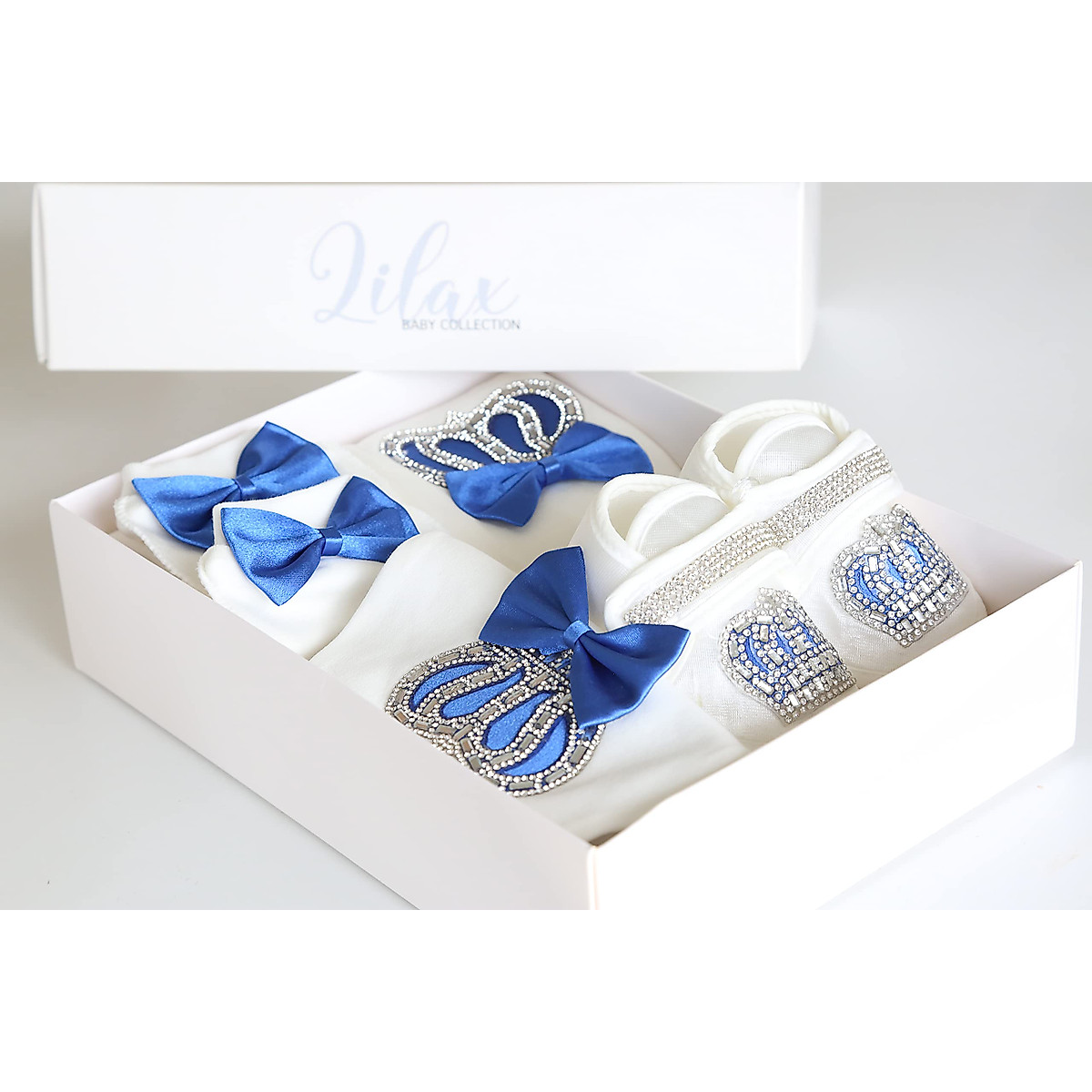 Lilax Baby Boy Jewels Crown Layette 4 Piece Gift Set 0-3 Months Royal Blue